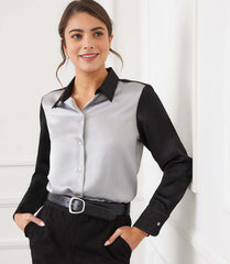 Silver With Black Long Sleeve Satin Colorblock Shirt | Karen Kane