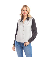 Silver With Black Long Sleeve Satin Colorblock Shirt | Karen Kane