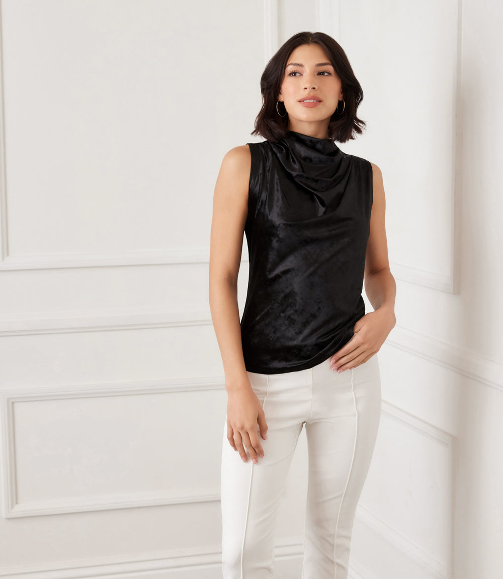 Sleeveless Crushed Velvet Drape Front Top – Karen Kane